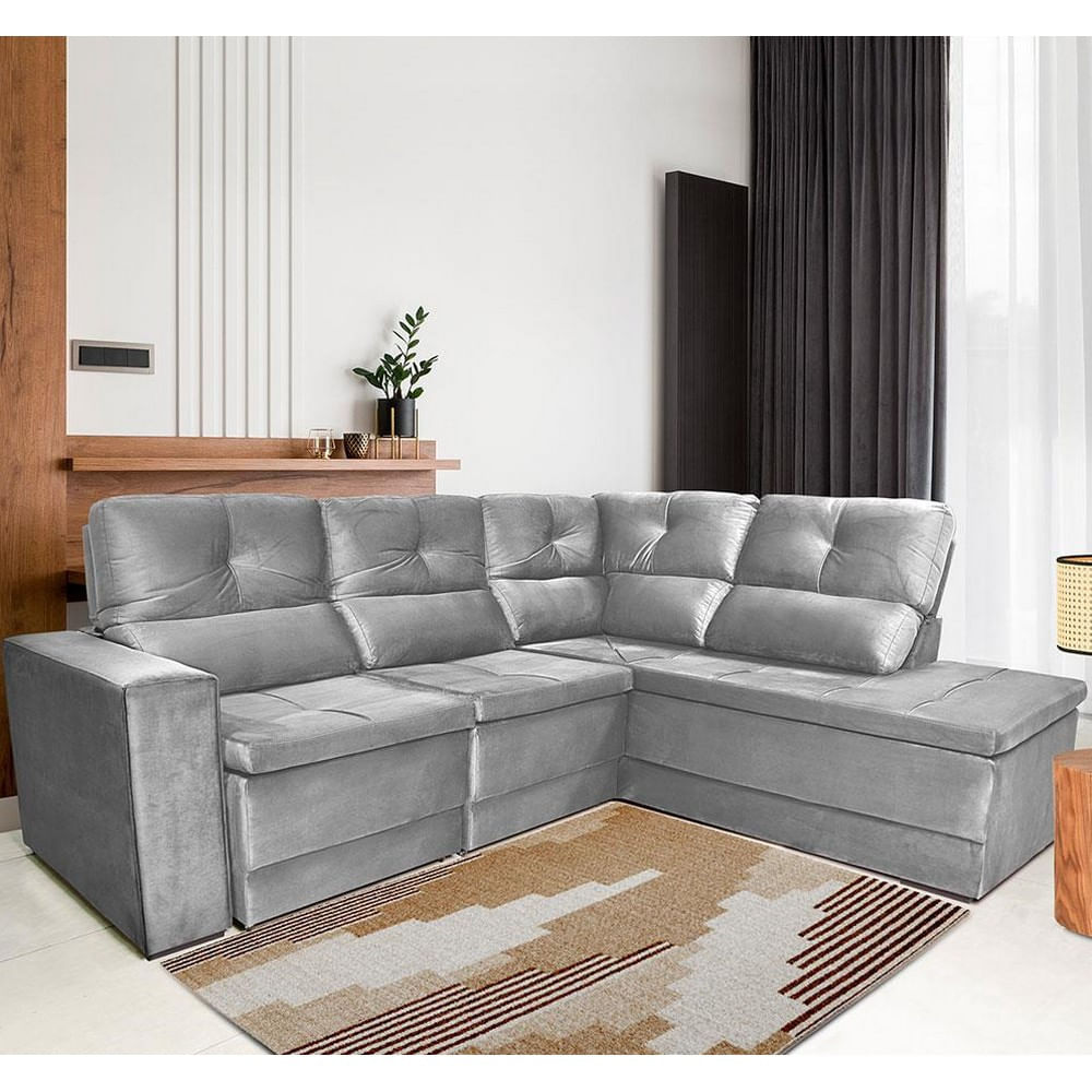 Sofá de Canto 5 Lugares Luizzi Bianco Retrátil, Reclinável e Revestido em Tecido Veludo Slim ...